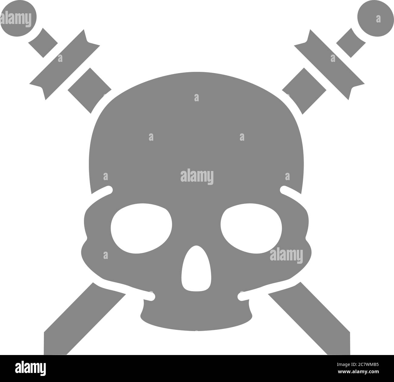 Pirate skull with crossed swords grey icon. Warning of death, danger ...