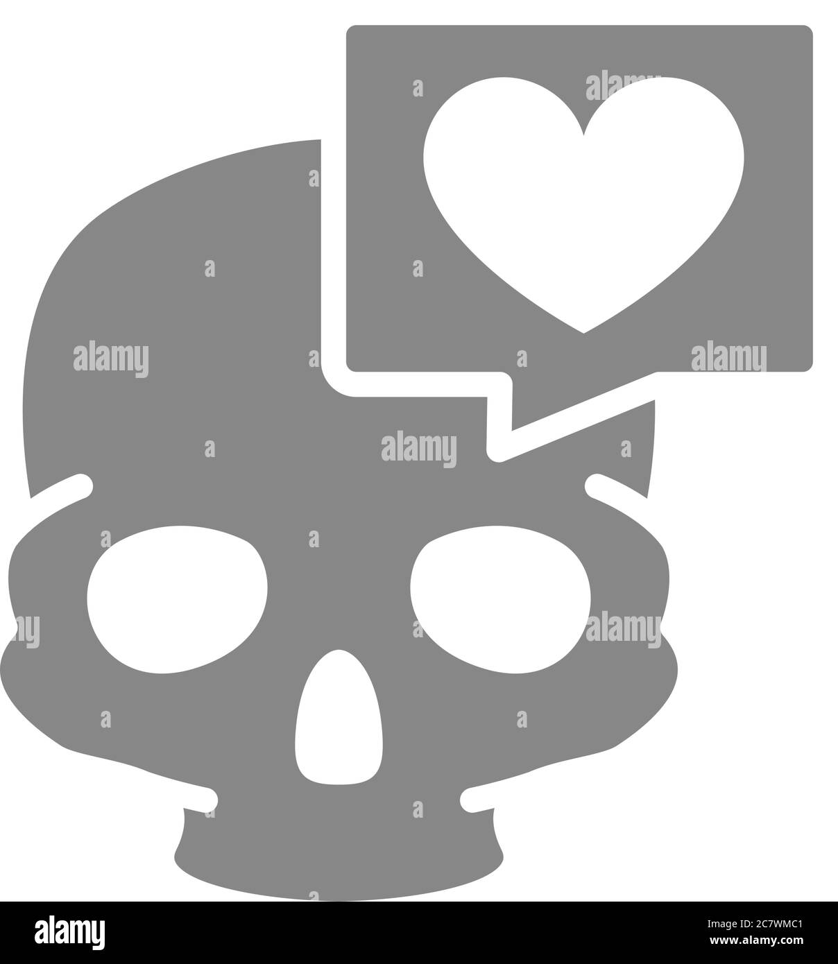 Skull with heart in speech bubble grey icon. Bone structure of the head ...