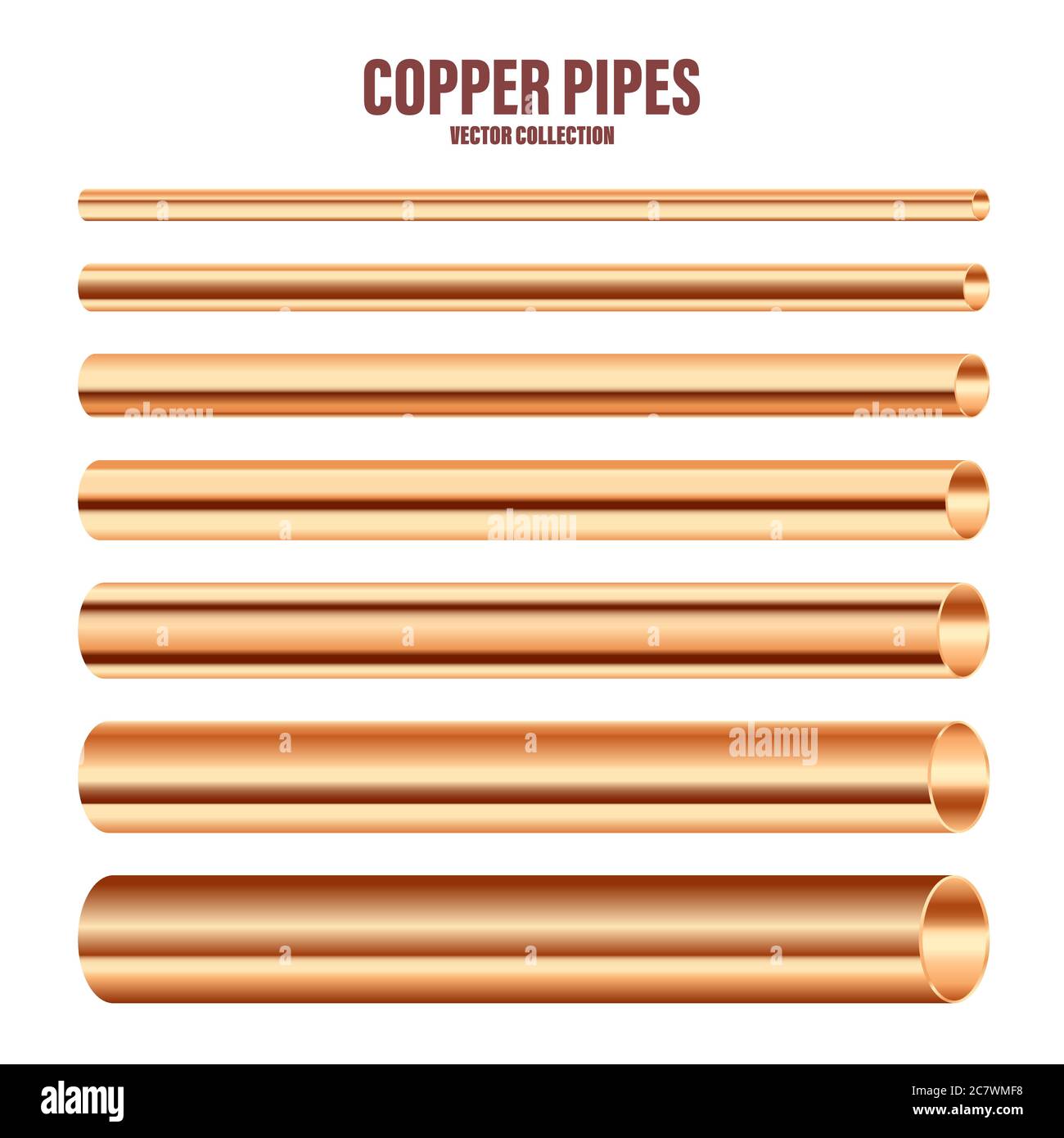 Copper pipes collection. Construction material. Polished metal texture ...
