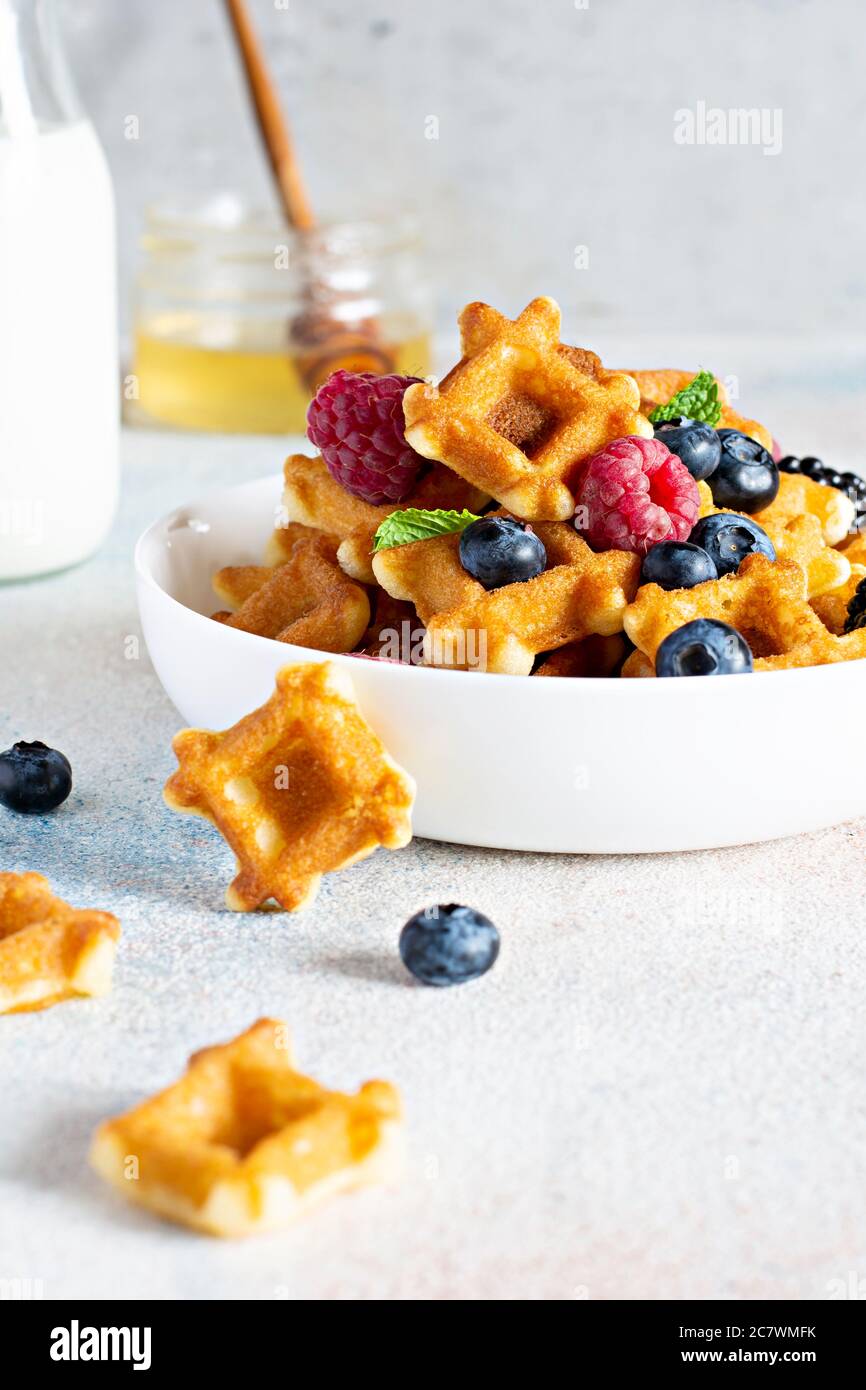 Tiny (Mini) waffles waffles with milk for breakfast with berries in a ...