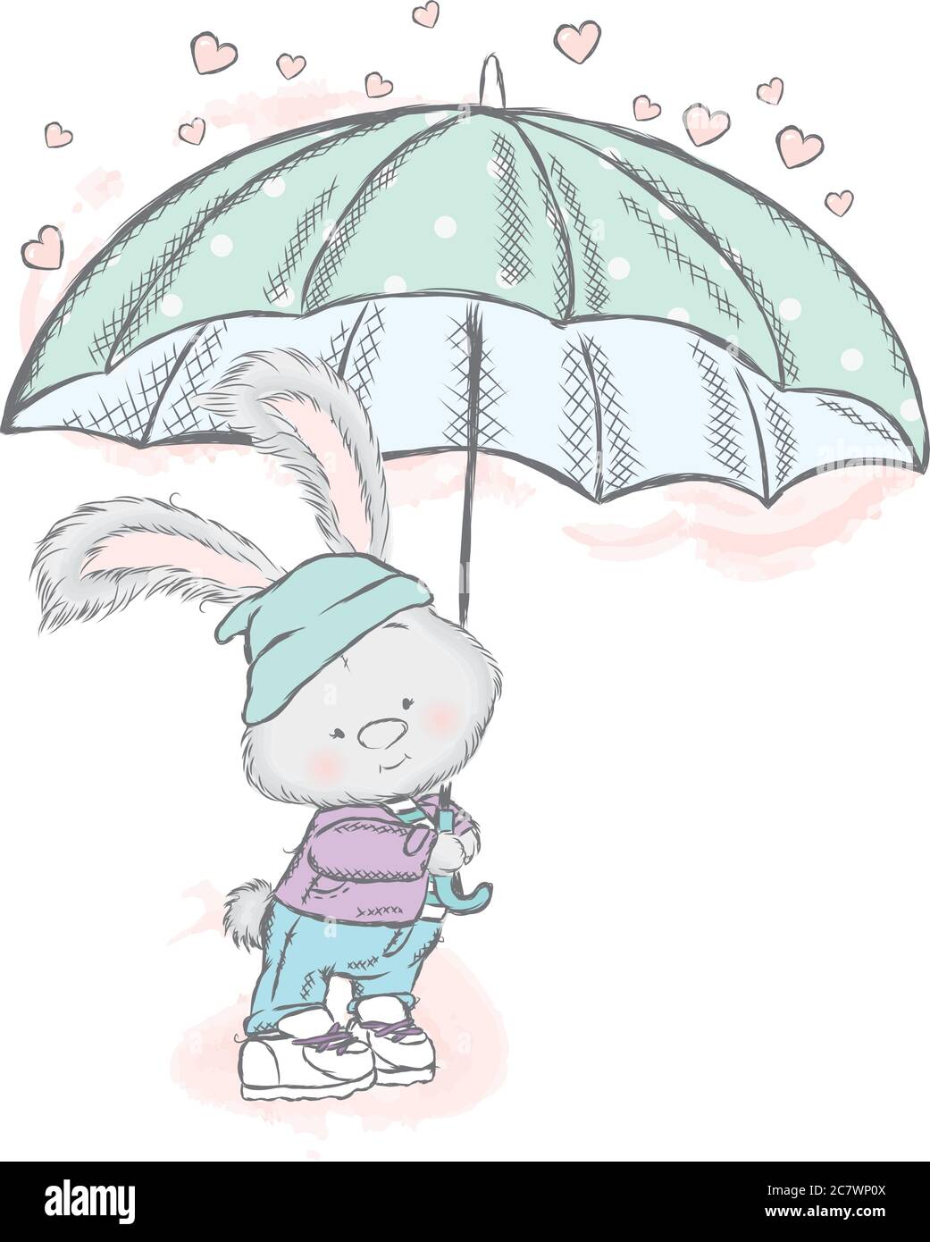 Cute hare in clothes and an umbrella. A rain of heart. Vector ...