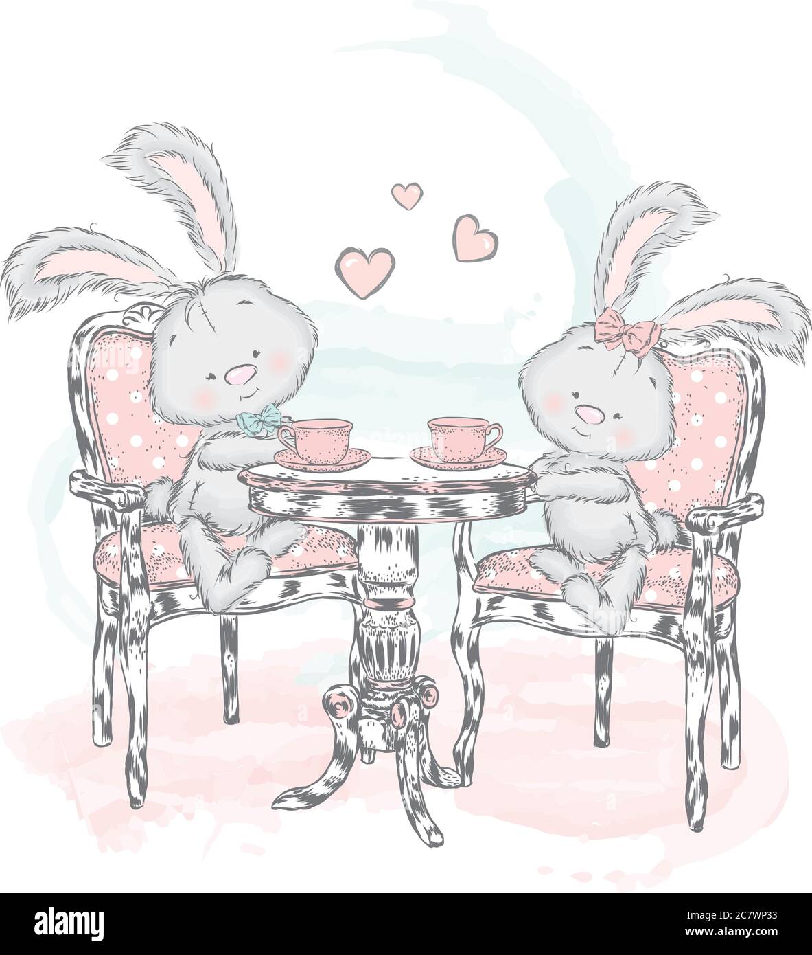 Cute Bunny at the table drinking tea. Rabbits. Vector illustration for ...