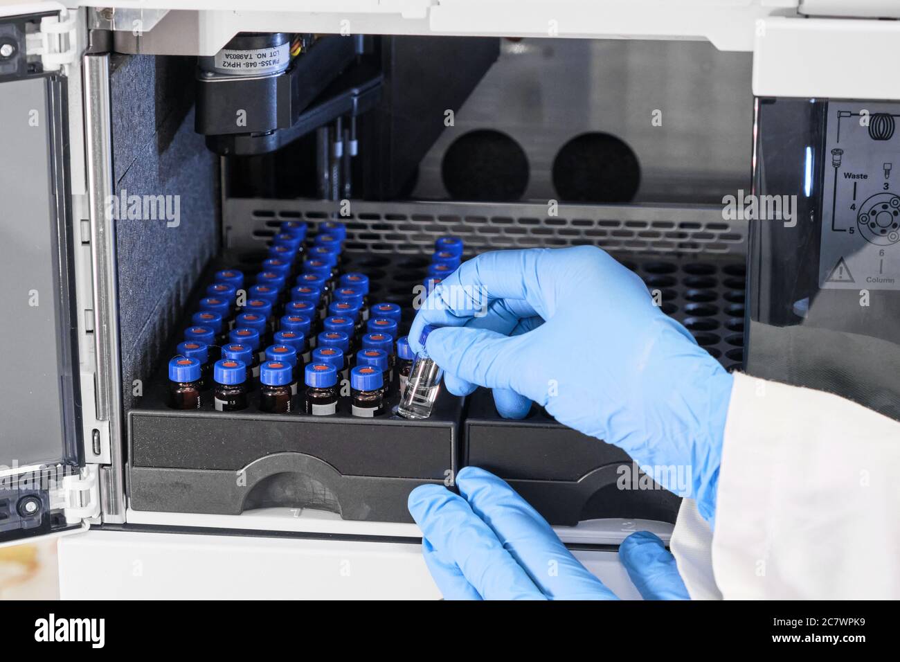 Close up woman hand in a rubber gloves put sample in a glass vial with ...