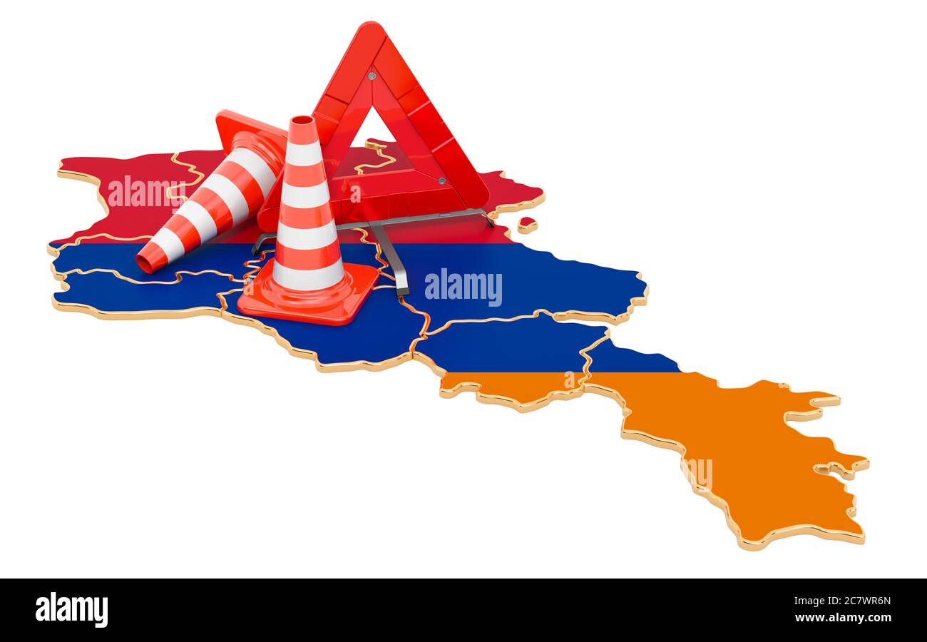 Armenian map with traffic cones and warning triangle, 3D rendering ...