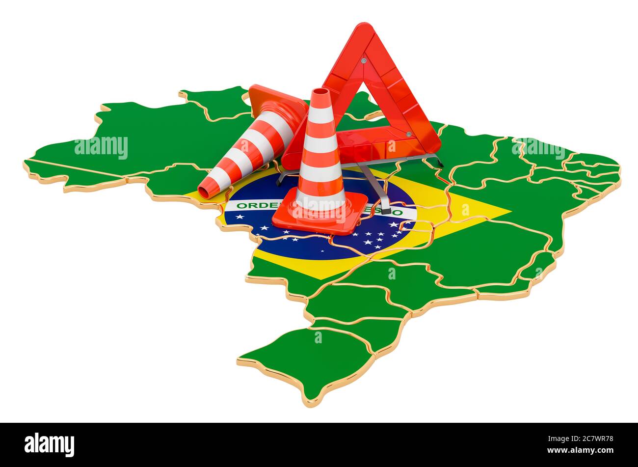 Brazilian map with traffic cones and warning triangle, 3D rendering ...
