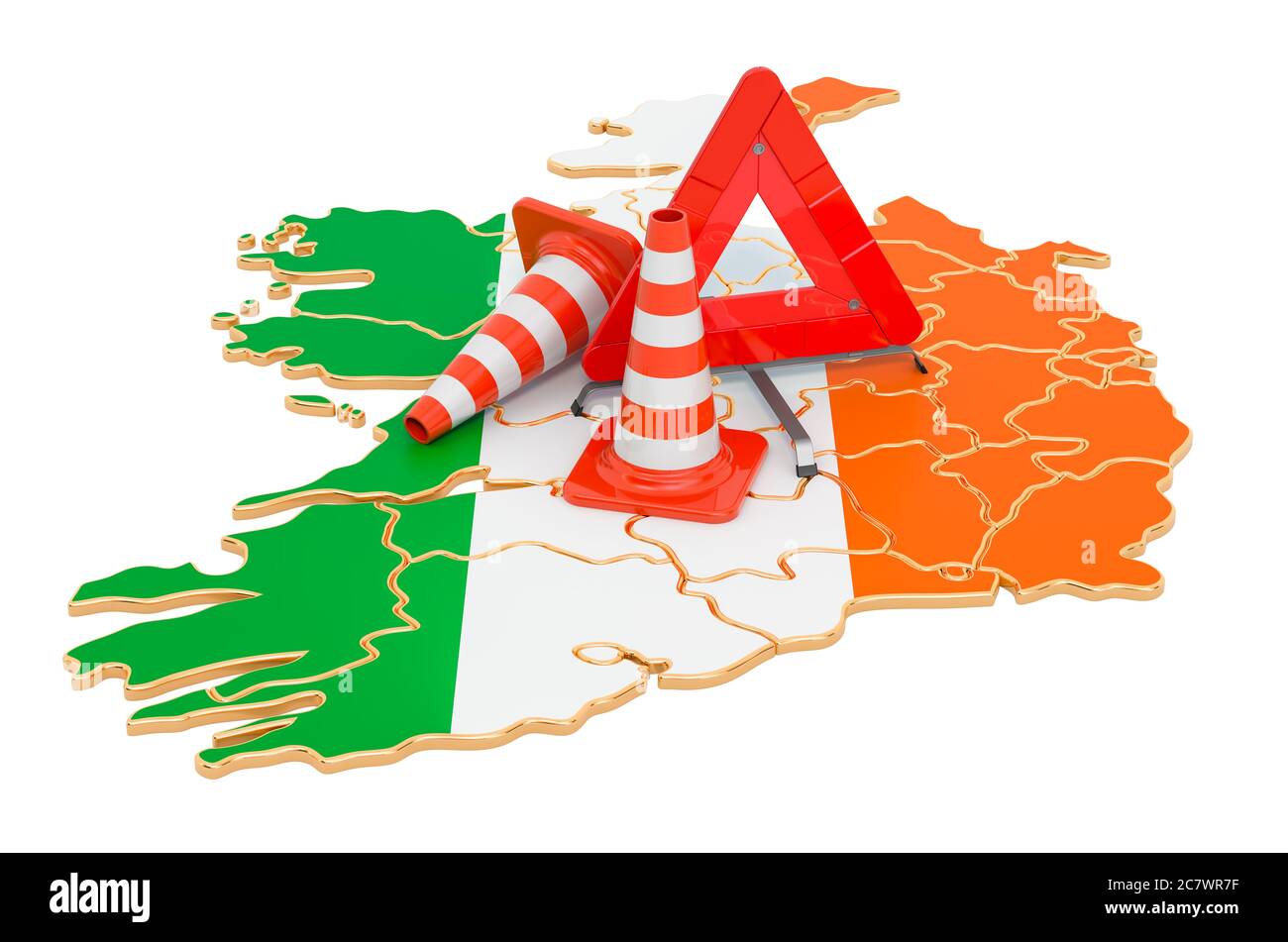 Irish map with traffic cones and warning triangle, 3D rendering ...