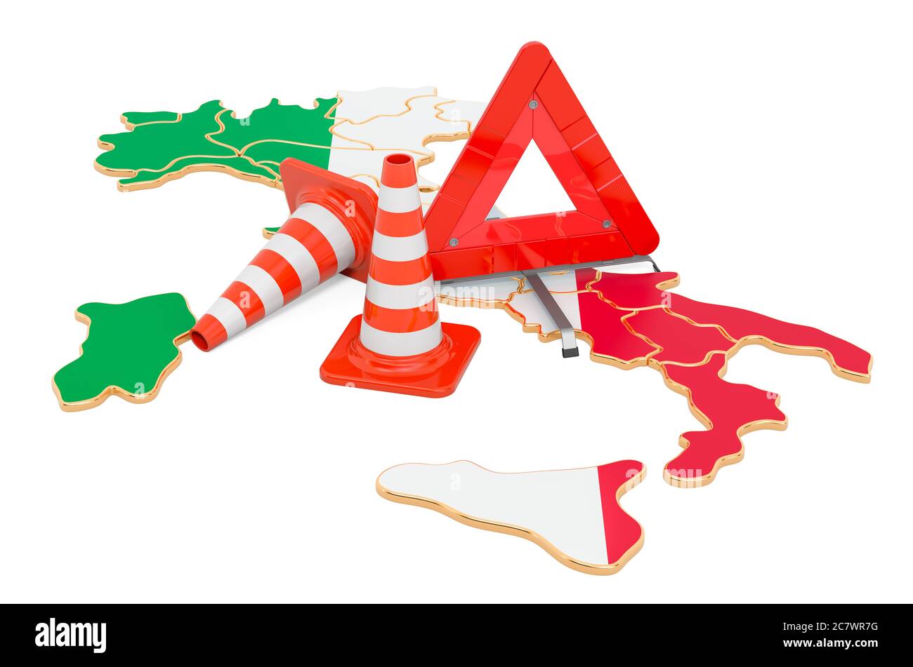 Italian map with traffic cones and warning triangle, 3D rendering ...