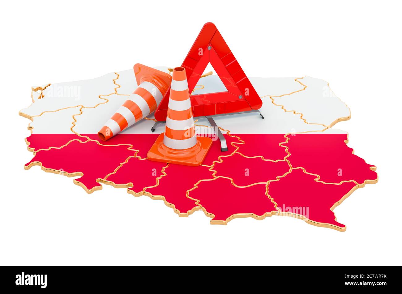 Polish map with traffic cones and warning triangle, 3D rendering ...