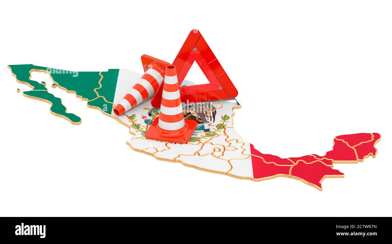 Mexican map with traffic cones and warning triangle, 3D rendering ...