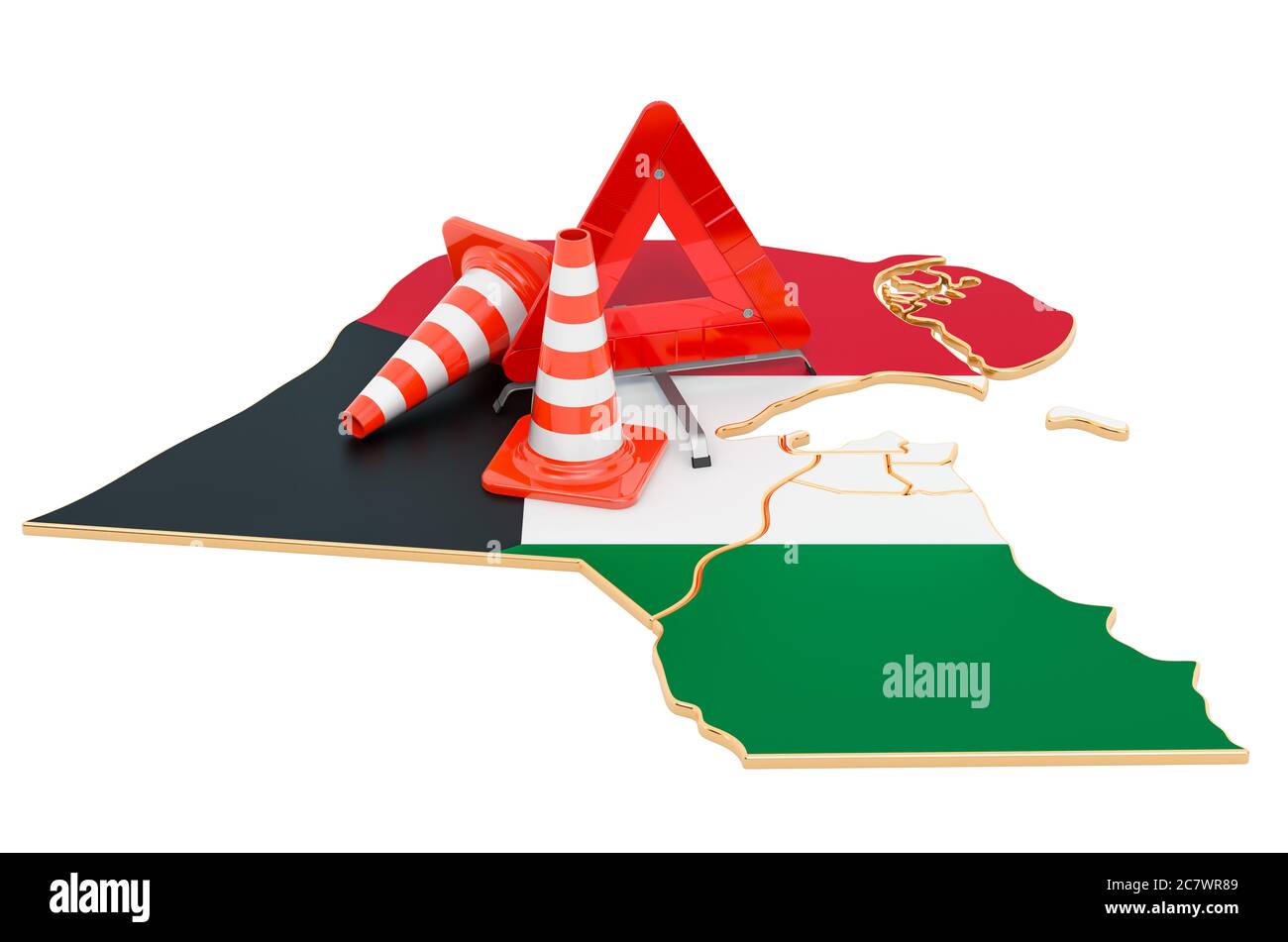 Kuwait map with traffic cones and warning triangle, 3D rendering ...