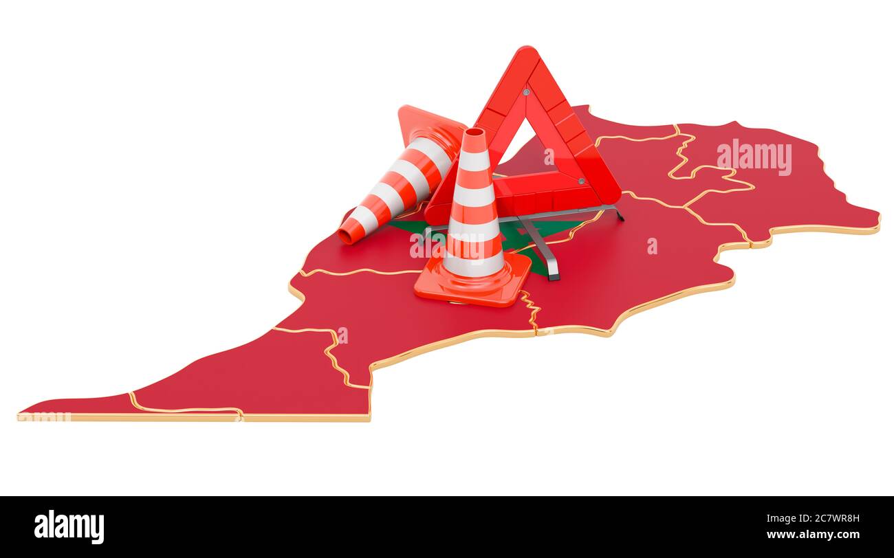 Moroccan map with traffic cones and warning triangle, 3D rendering ...
