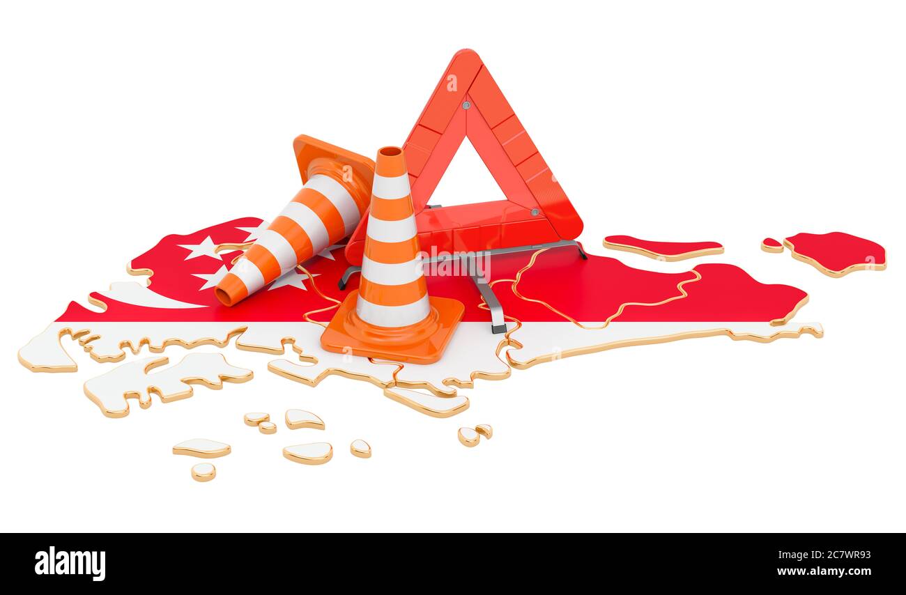 Singaporean map with traffic cones and warning triangle, 3D rendering ...