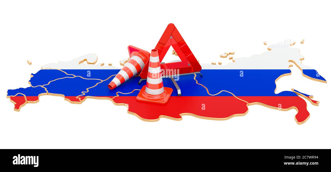 Russian map with traffic cones and warning triangle, 3D rendering ...
