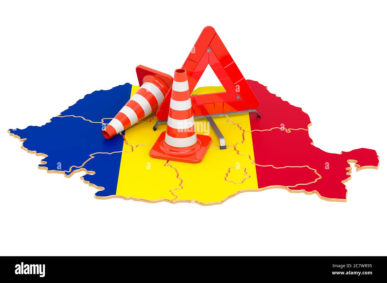 Romanian map with traffic cones and warning triangle, 3D rendering ...