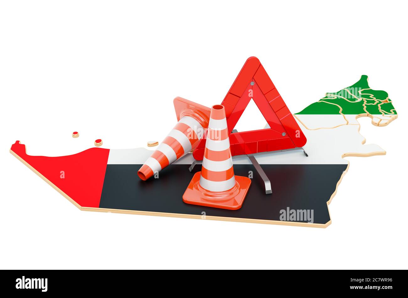The United Arab Emirates map with traffic cones and warning triangle ...