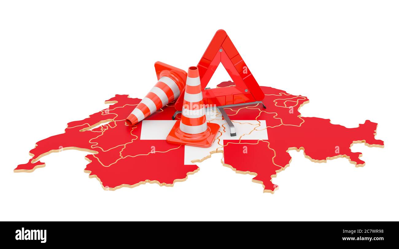 Swiss map with traffic cones and warning triangle, 3D rendering ...