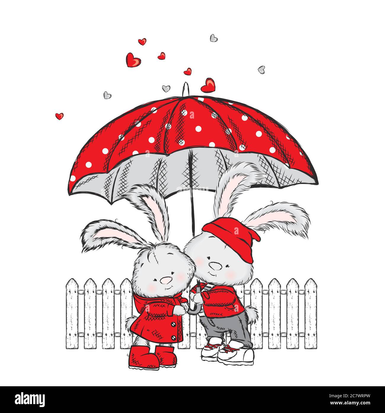 Cute hare in clothes and an umbrella. A rain of heart. Vector ...