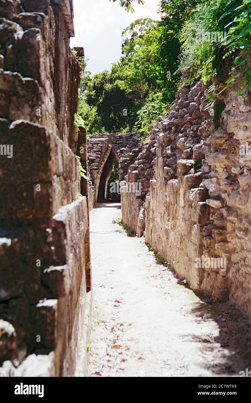 Following a path through the ruins is a typical Mayan gate or doorway ...