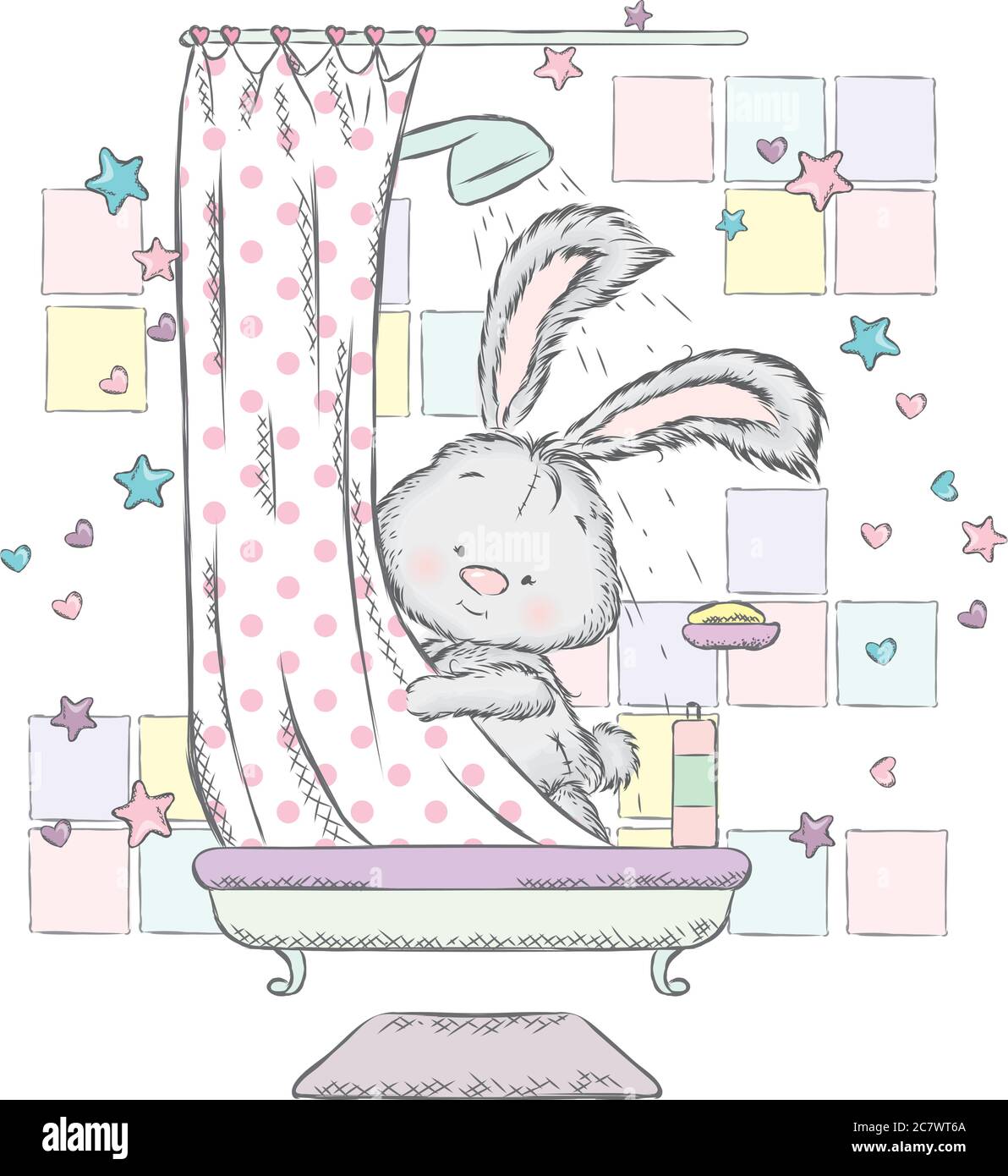 Cute hare in the shower. Vector illustration. Rabbit is bathed in the ...