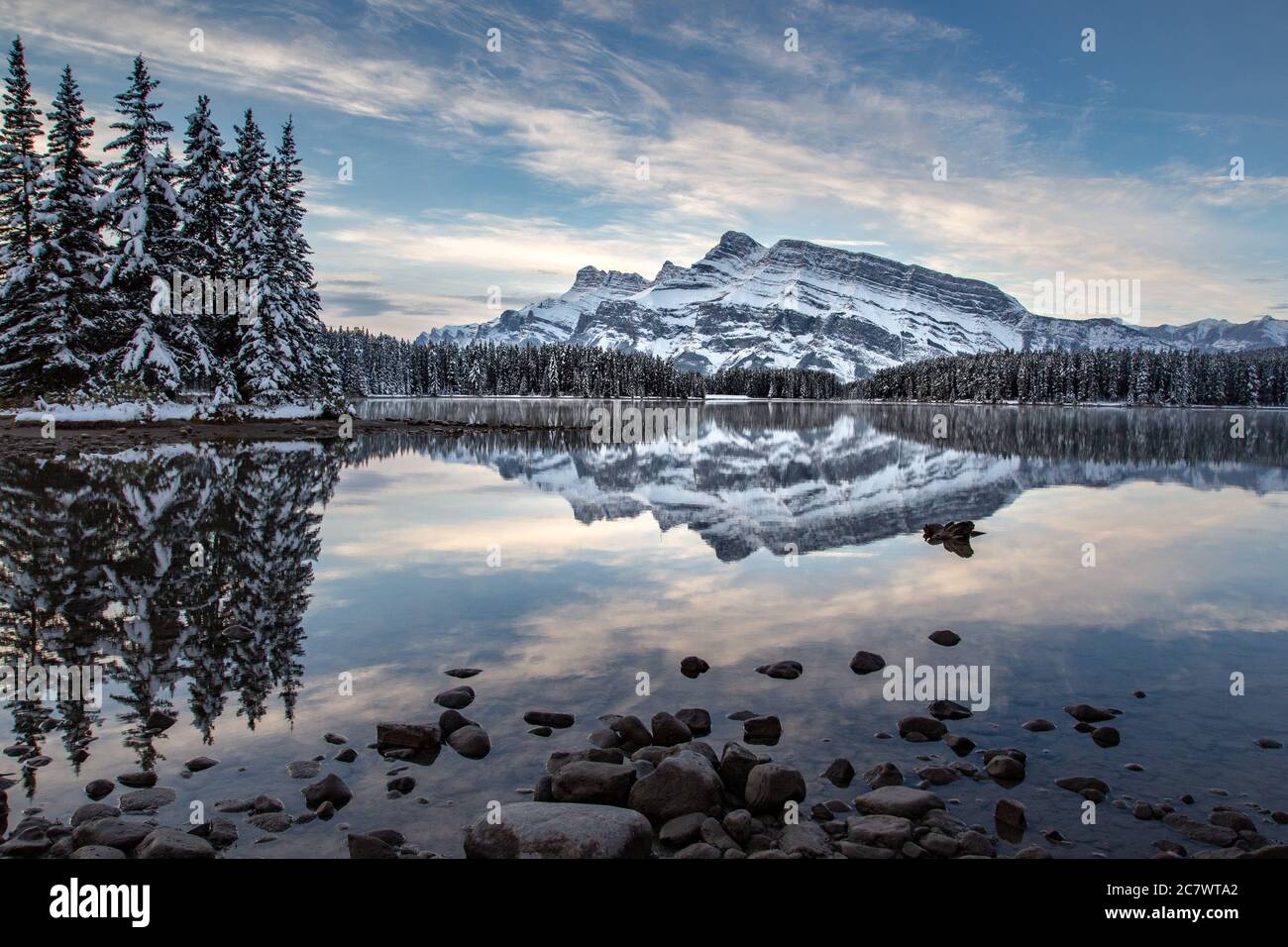 Reflection of Mt Rundle on Two jack in Banff national park early in the ...