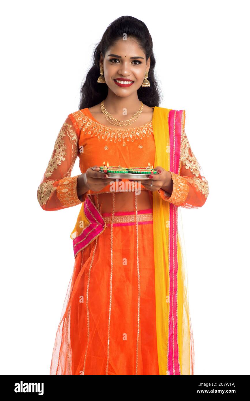 Portrait of a Indian Traditional Girl holding Diya, Girl Celebrating ...