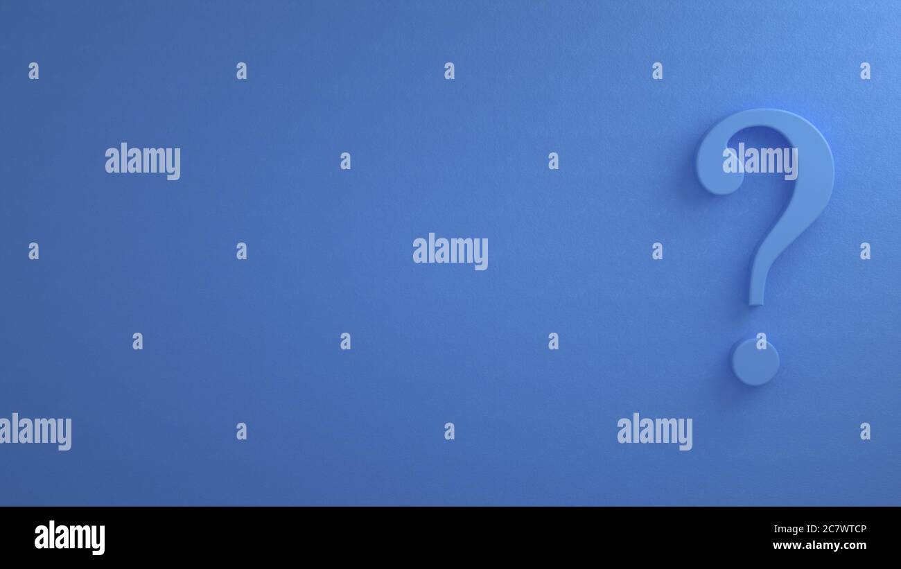 3d rendering of a isolated blue question mark standing on a blue wall ...