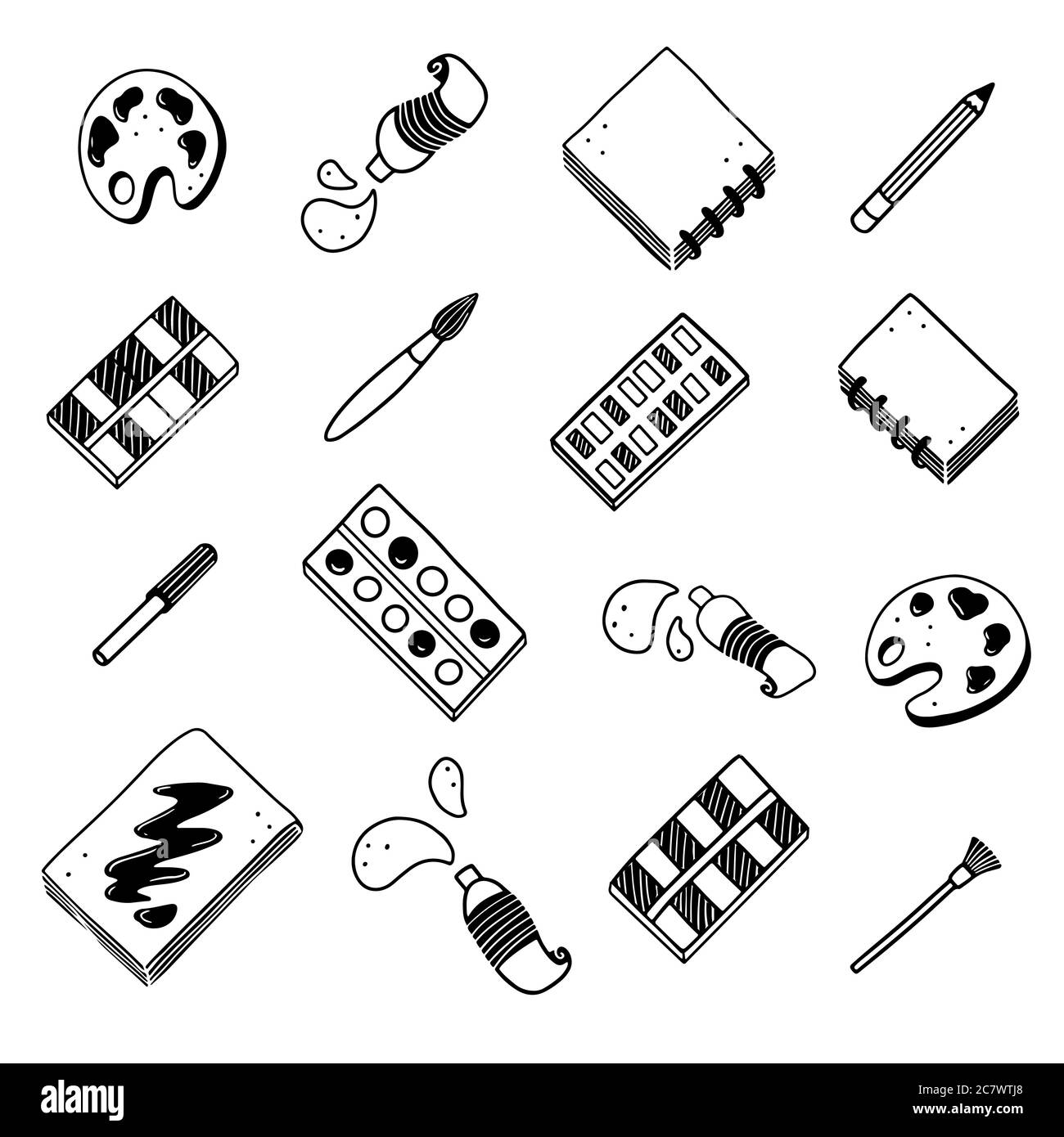 Hand drawn set of creative artist tools element, brush, pencil, paint ...