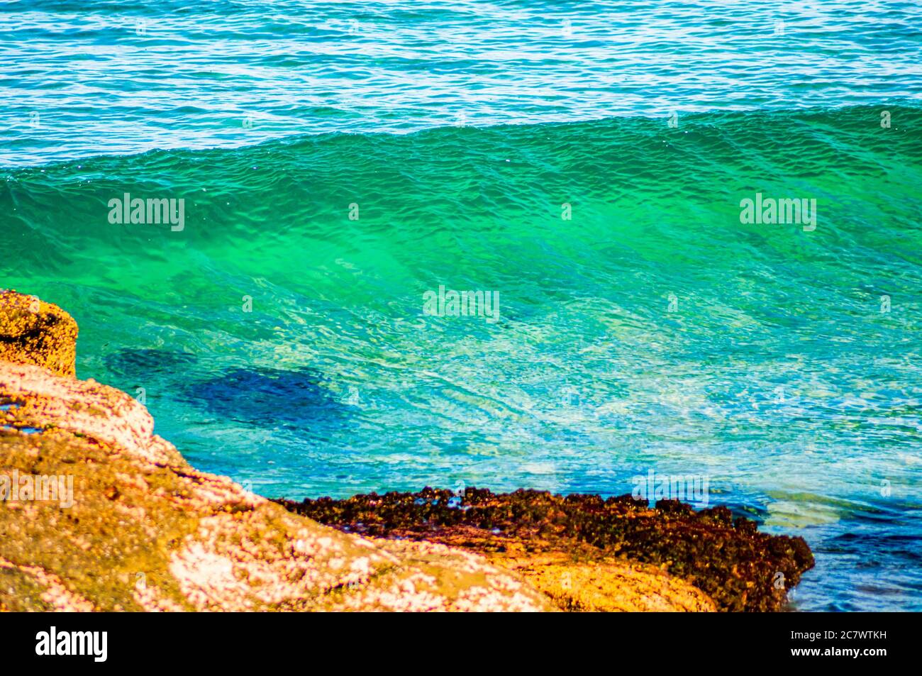 Sunny scenery of a beautiful rocky beach on a blue seascape background ...