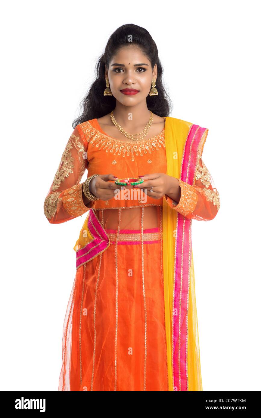 Portrait of a Indian Traditional Girl holding Diya, Girl Celebrating ...