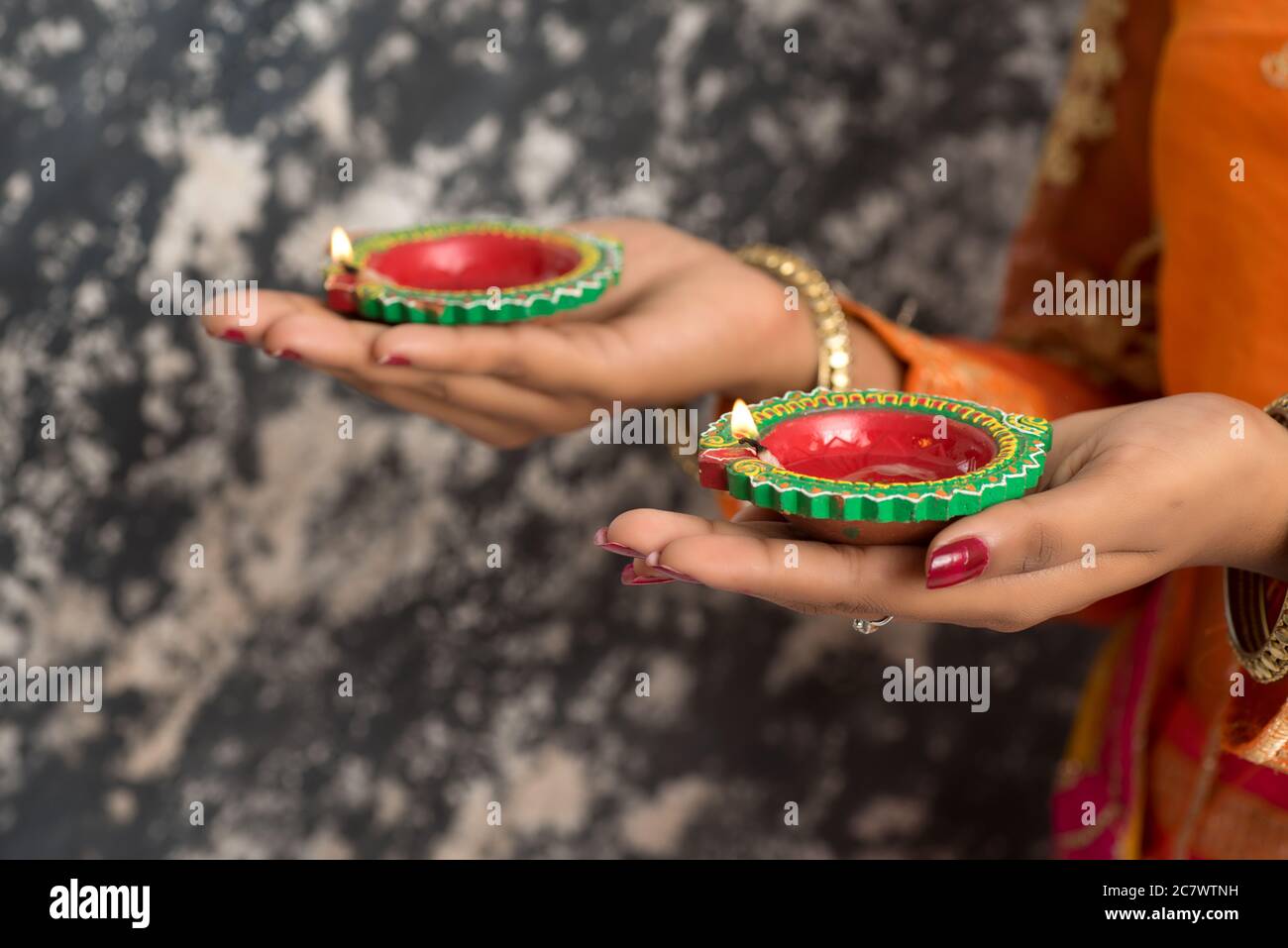 Indian Woman With Diya During Diwali High Resolution Stock Photography ...