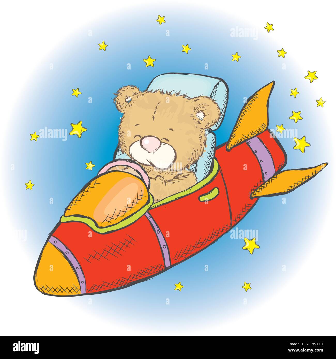 Cute teddy bear in a spaceship. Vector illustration for a card or ...