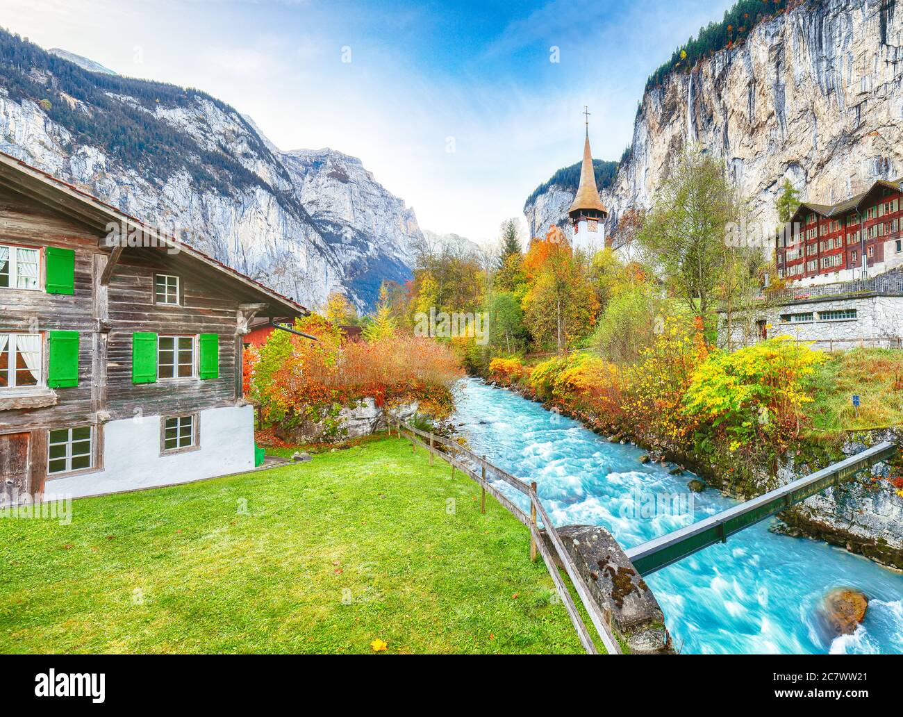 Stunning autumn view of Lauterbrunnen village with awesome waterfall ... Stunning autumn view of Lauterbrunnen village with awesome waterfall ...