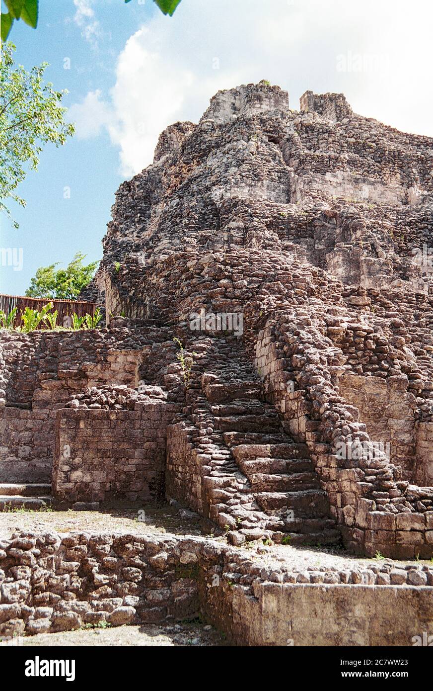 Mayan ruins of Becan. Structure IV. Campeche, Mexico. Vintage film ...