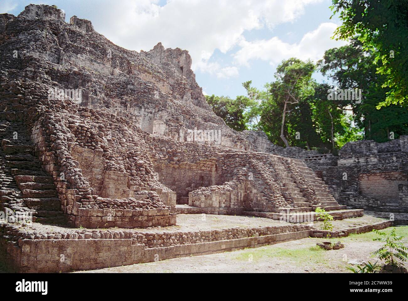 Mayan ruins of Becan. Structure IV. Campeche, Mexico. Vintage film ...