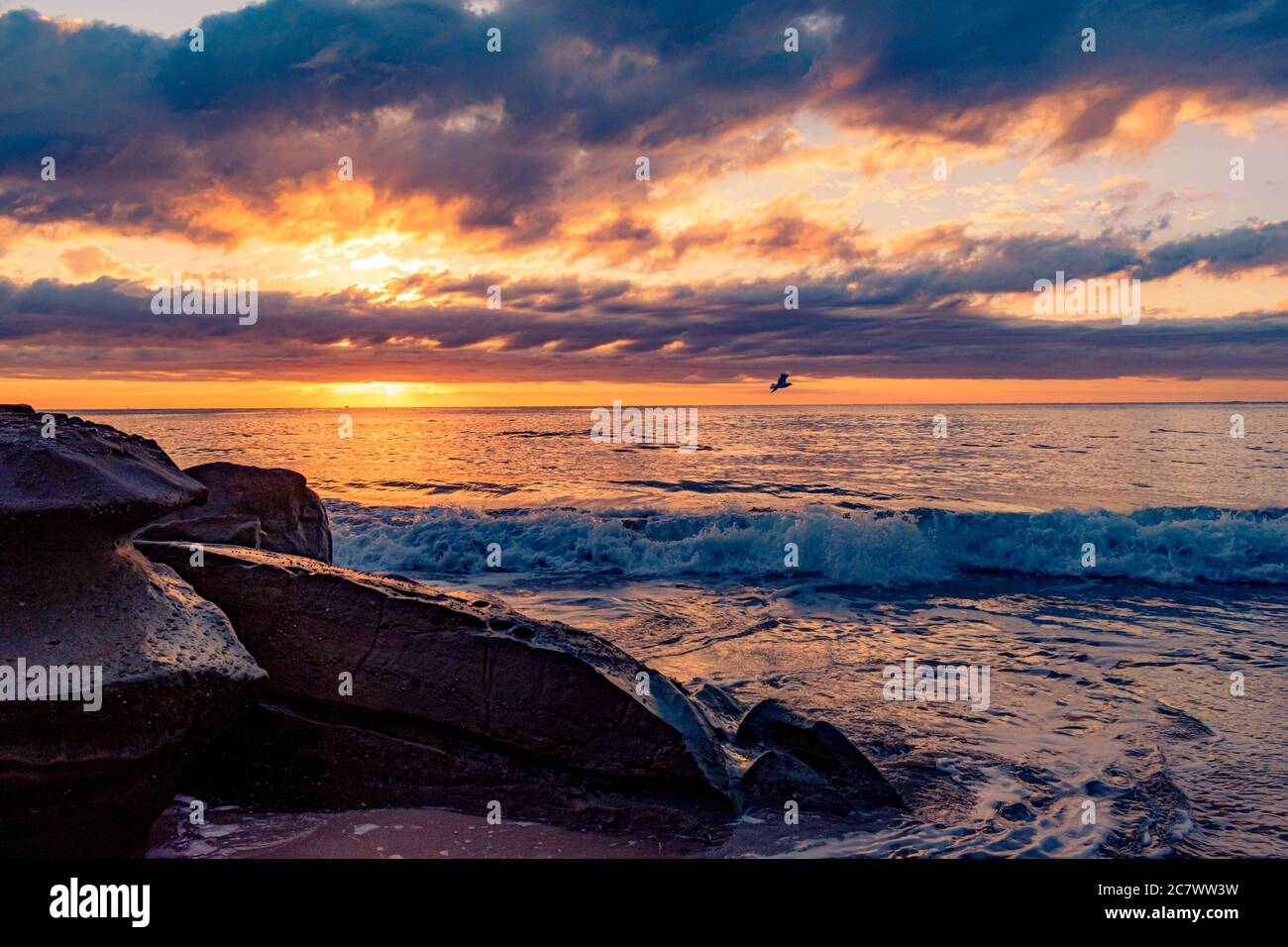 Breathtaking scenery of a sandy beach on a beautiful sunset background ...