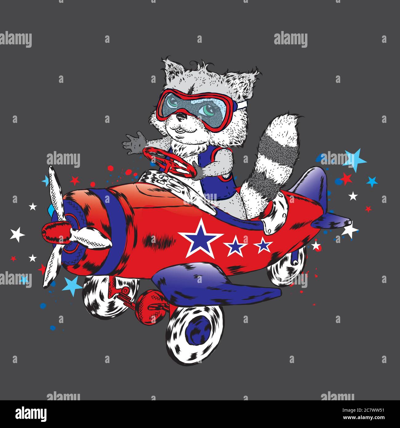 Cute raccoon is flying on an airplane. Vector illustration for a card ...