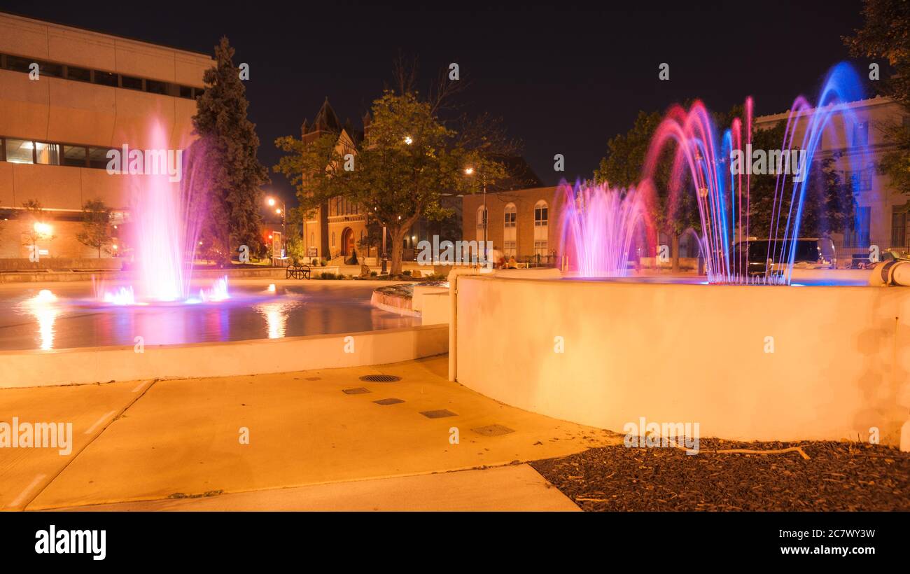 Fountains and night lights outside lincol Public Library Springfield ...