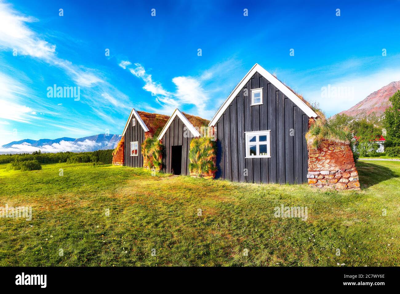 Traditional Icelandic turf houses in the town of Holar. Location: Holar ...