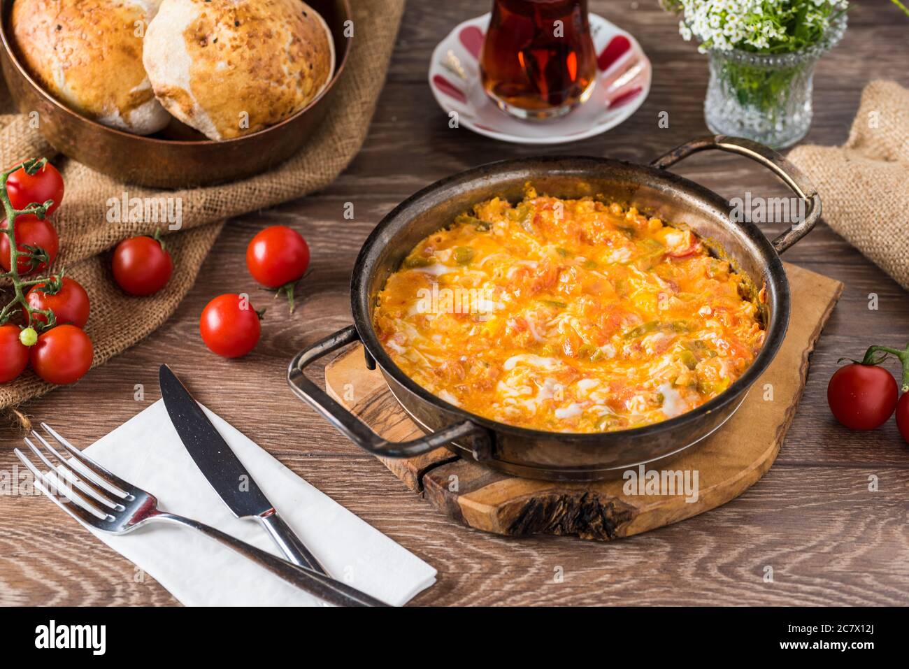 Traditional turkish breakfast food menemen made by eggs and tomatoes ...
