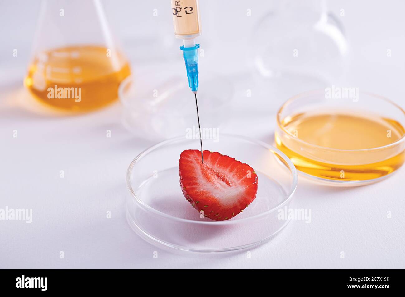 Closeup shot of a syringe poking a sliced strawberry for a DNA ...