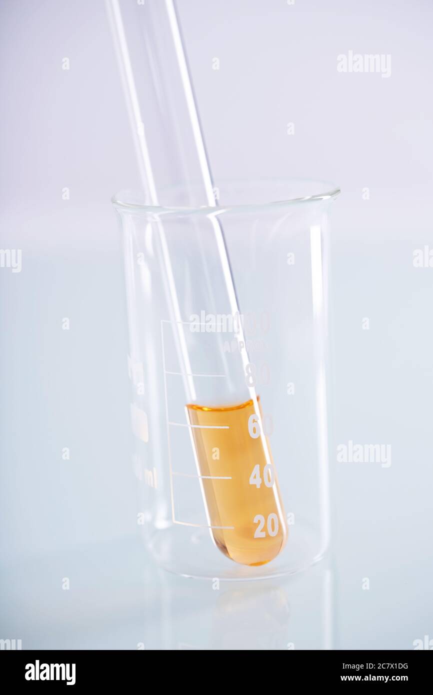 Closeup shot of a test tube with yellow liquid inside a beaker on a ...