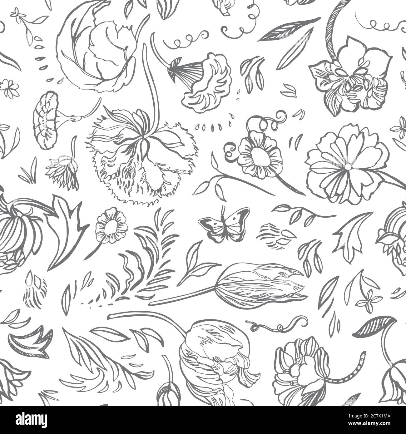 Vector royal baroque line art elegant floral seamless pattern with hand ...