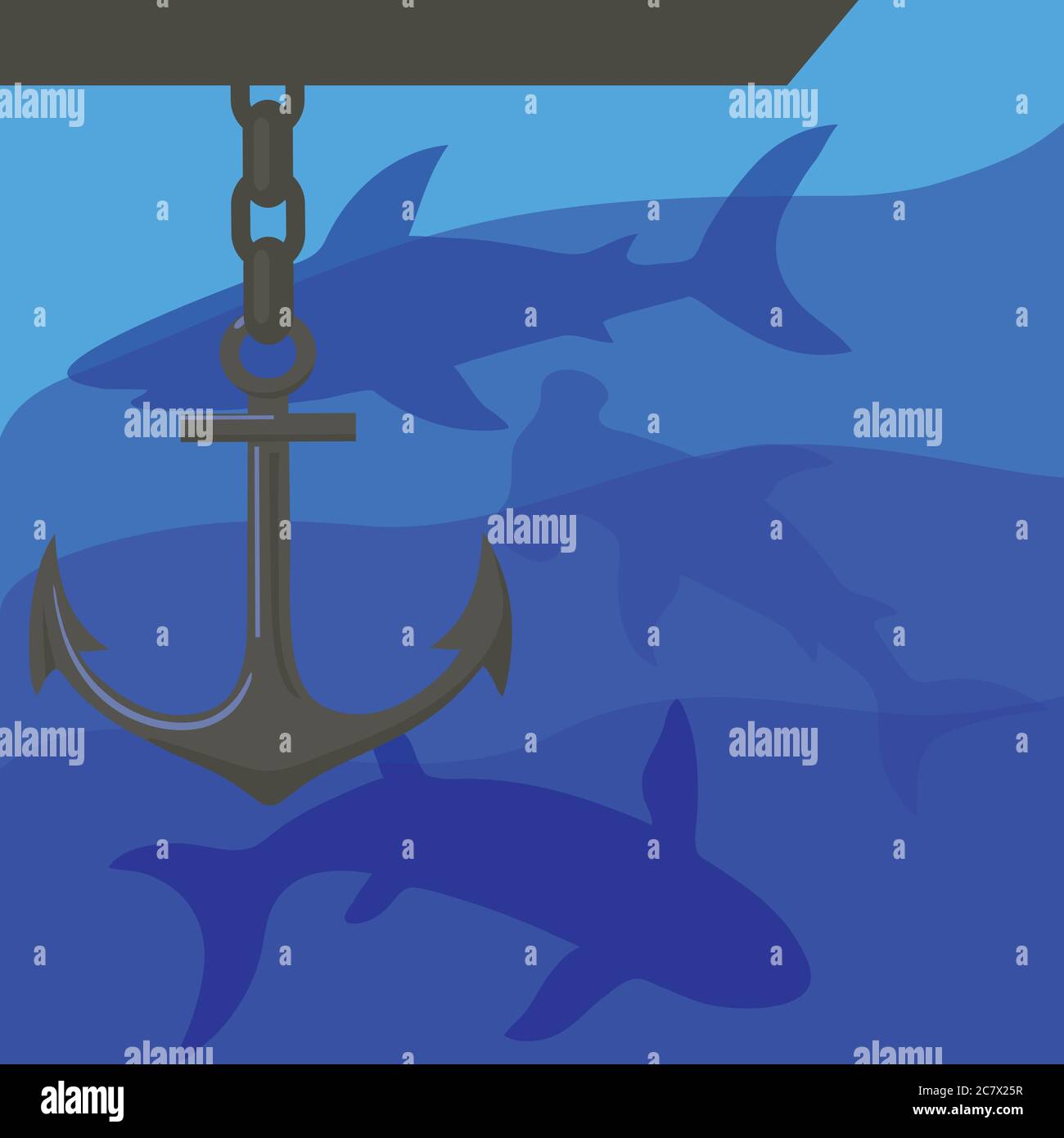 Vector underwater illustration with sharks and anchor of the ship Stock ...