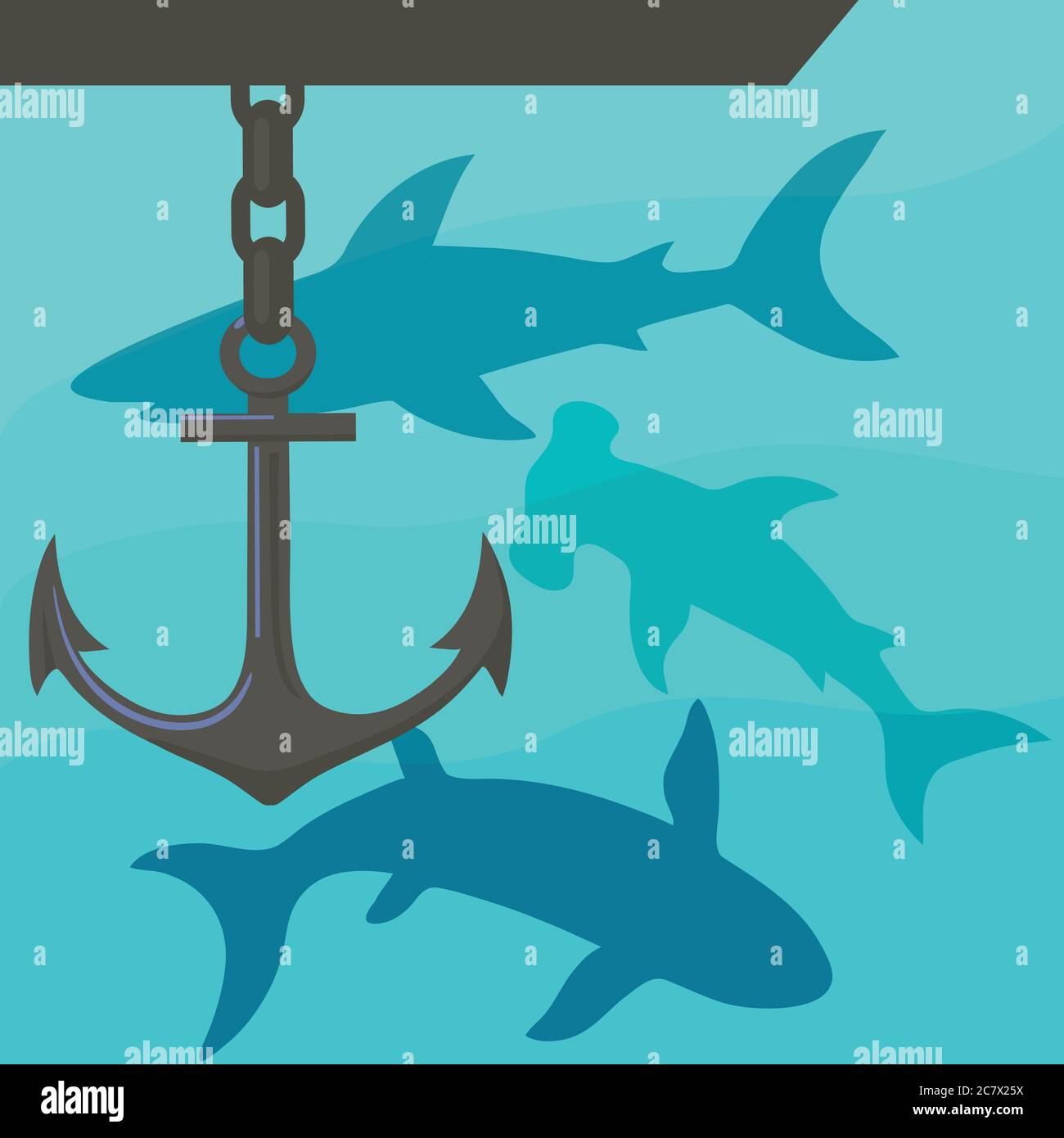 Vector underwater illustration with sharks and anchor of the ship Stock ...