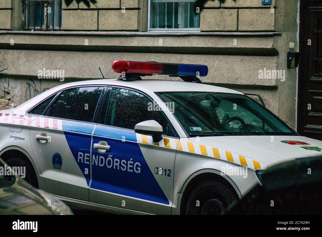 Budapest Hungary july 19, 2020 View of a Hungarian police car under the ...