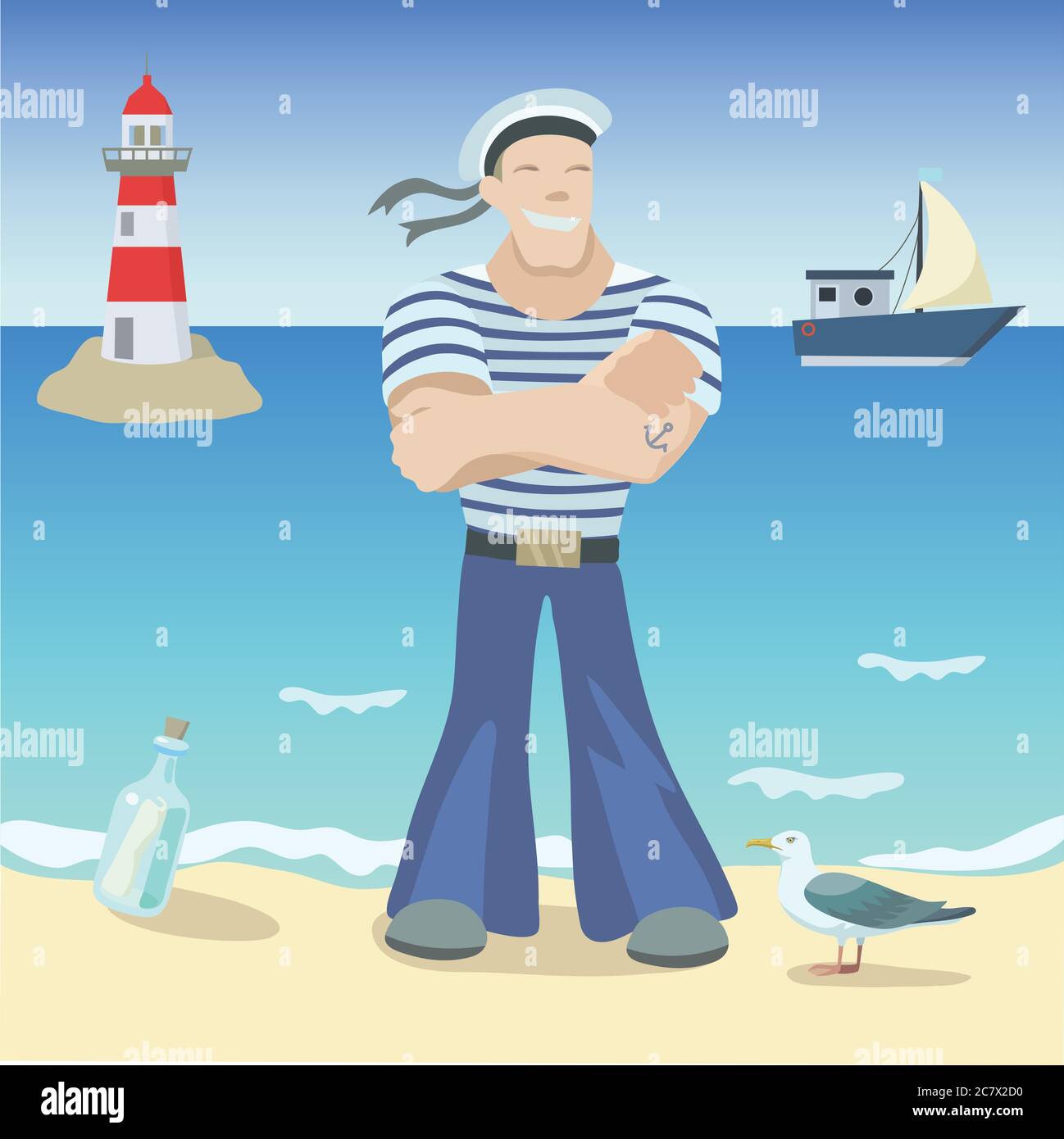 Smiling sailor on the coast with sea on the background and the ...
