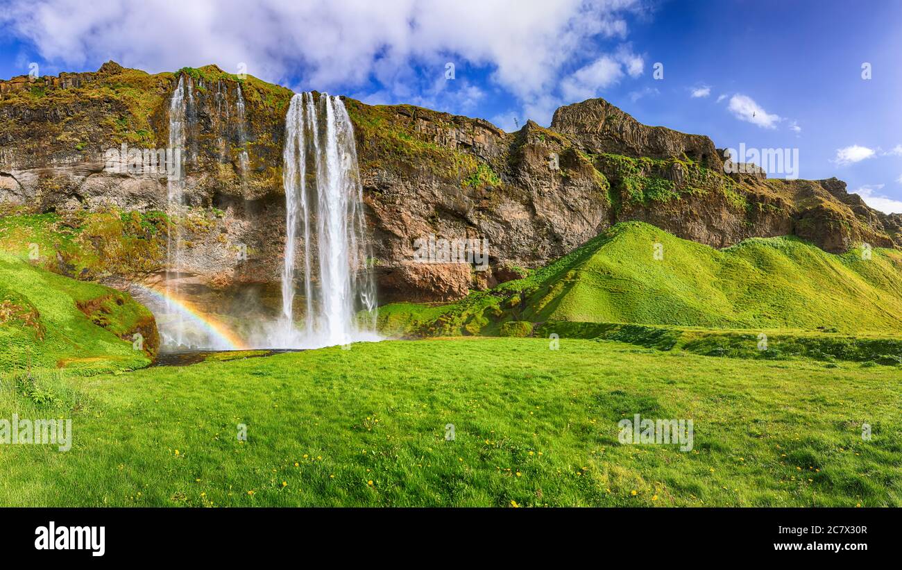 Fantastic Seljalandsfoss waterfall in Iceland during sunny day ...