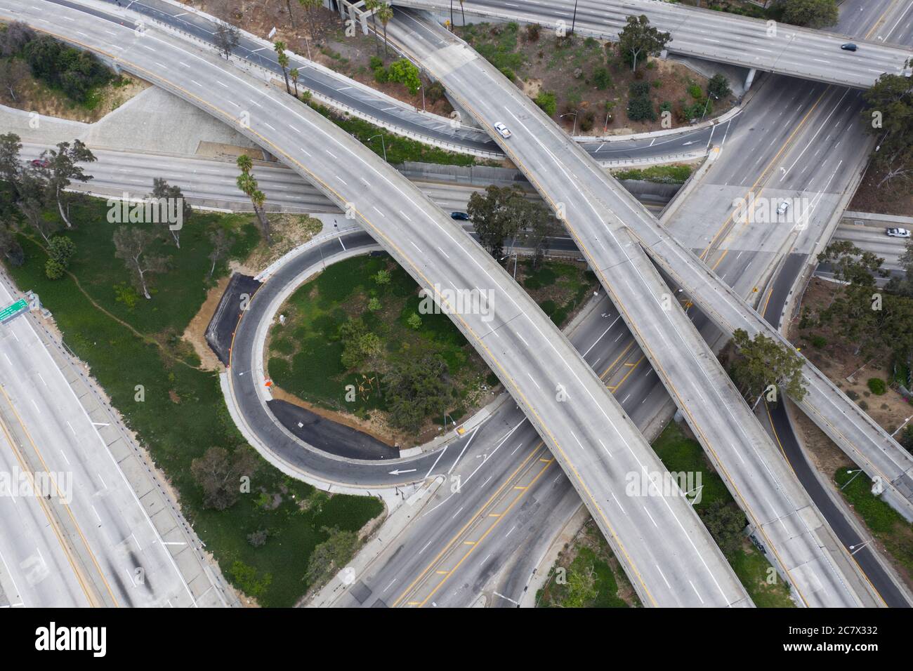 Aerial view of a complex Los Angeles freeway interchange of interstate ...