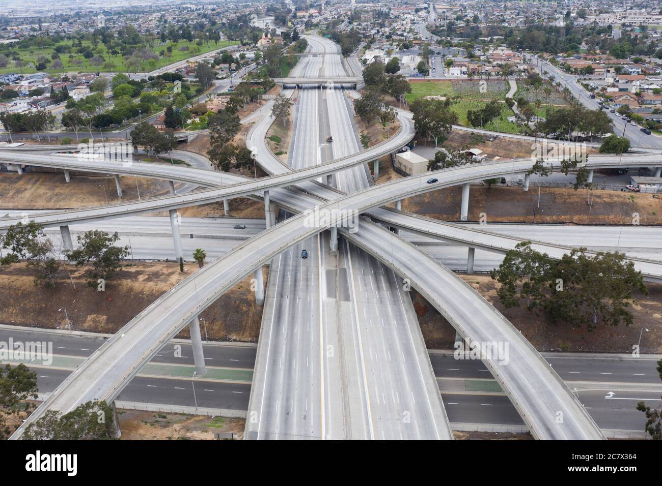 Aerial view above Los Angeles freeways during the lockdown from the ...