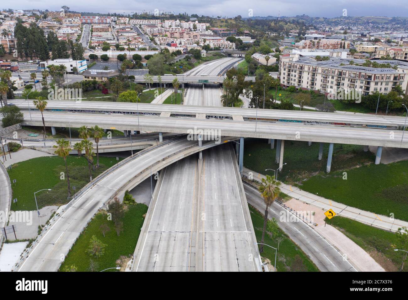 Empty 4-level interchange in downtown Los Angeles during the ...